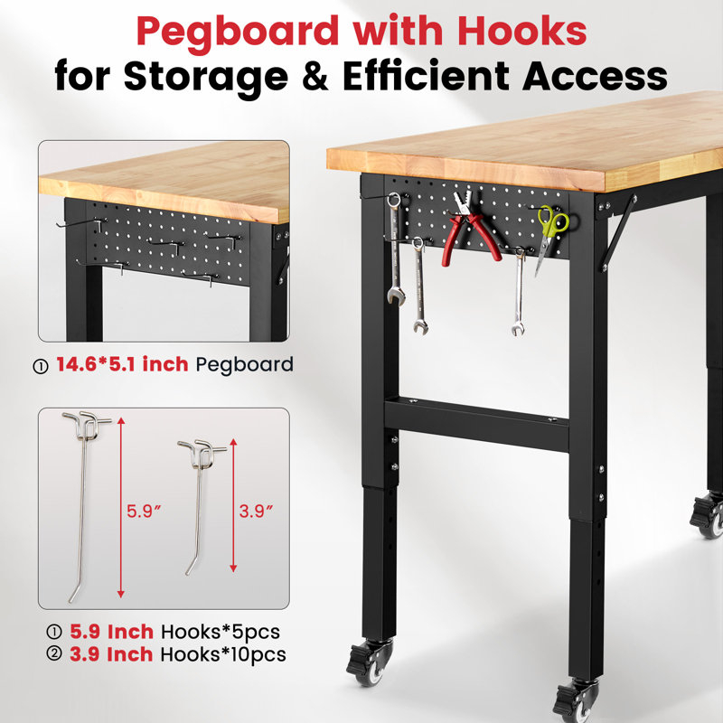 WFX Utility™ Workbench with Wheels 40/60 Inch Rubberwood Tabletop Garage Workbench Adjustable ...